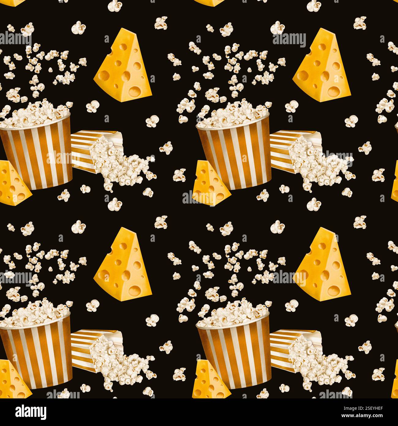 Popcorn with cheese. Seamless pattern, Watercolor illustration without ...