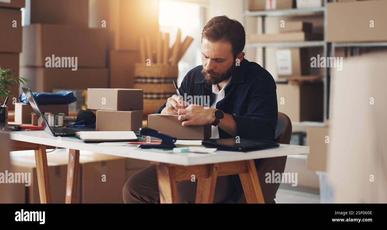 Shipping, writing and man with box for supply chain, distribution and ...
