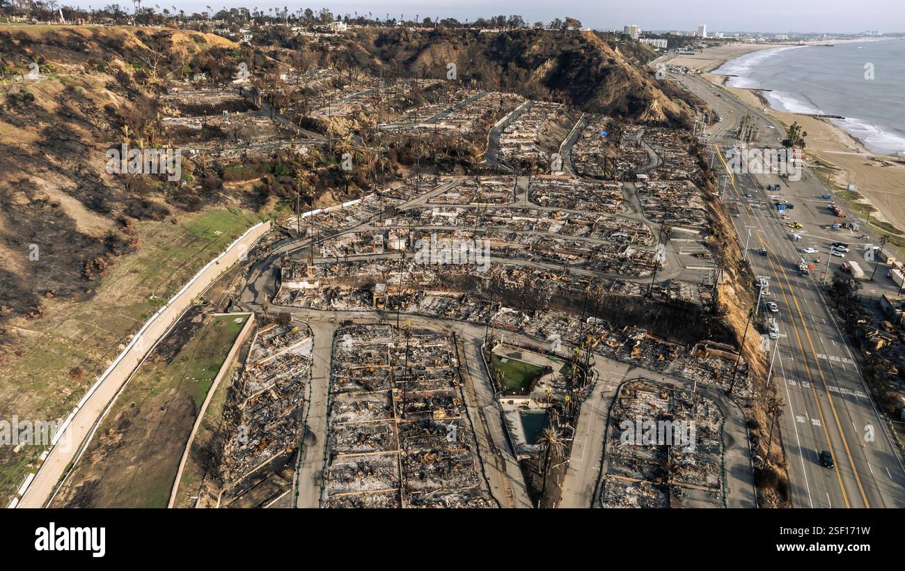 Drone view of the Palisades Fire devastation of the Palisades Bowl ...
