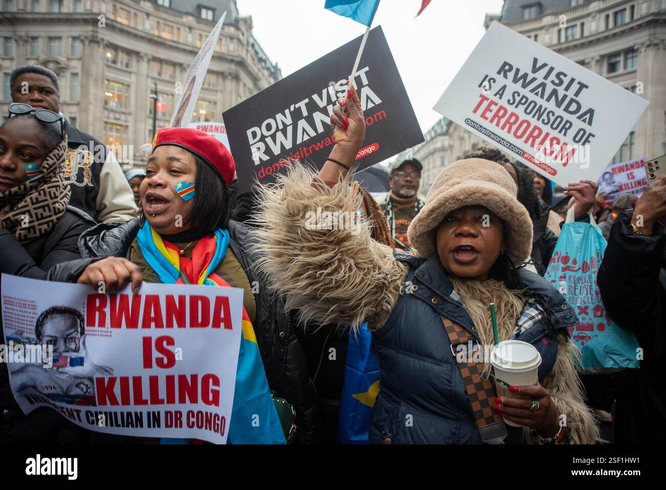 London, UK. 08th Feb, 2025. Protesters hold placards and chant slogans ...
