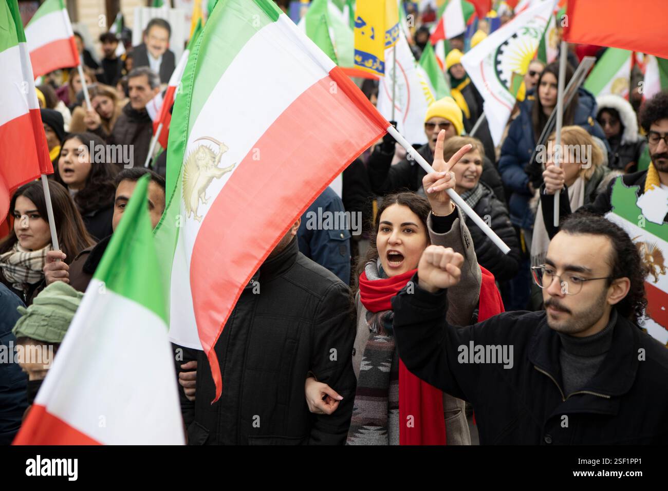 Paris, France. 08th Feb, 2025. Demonstrators in Paris, waving the flags ...