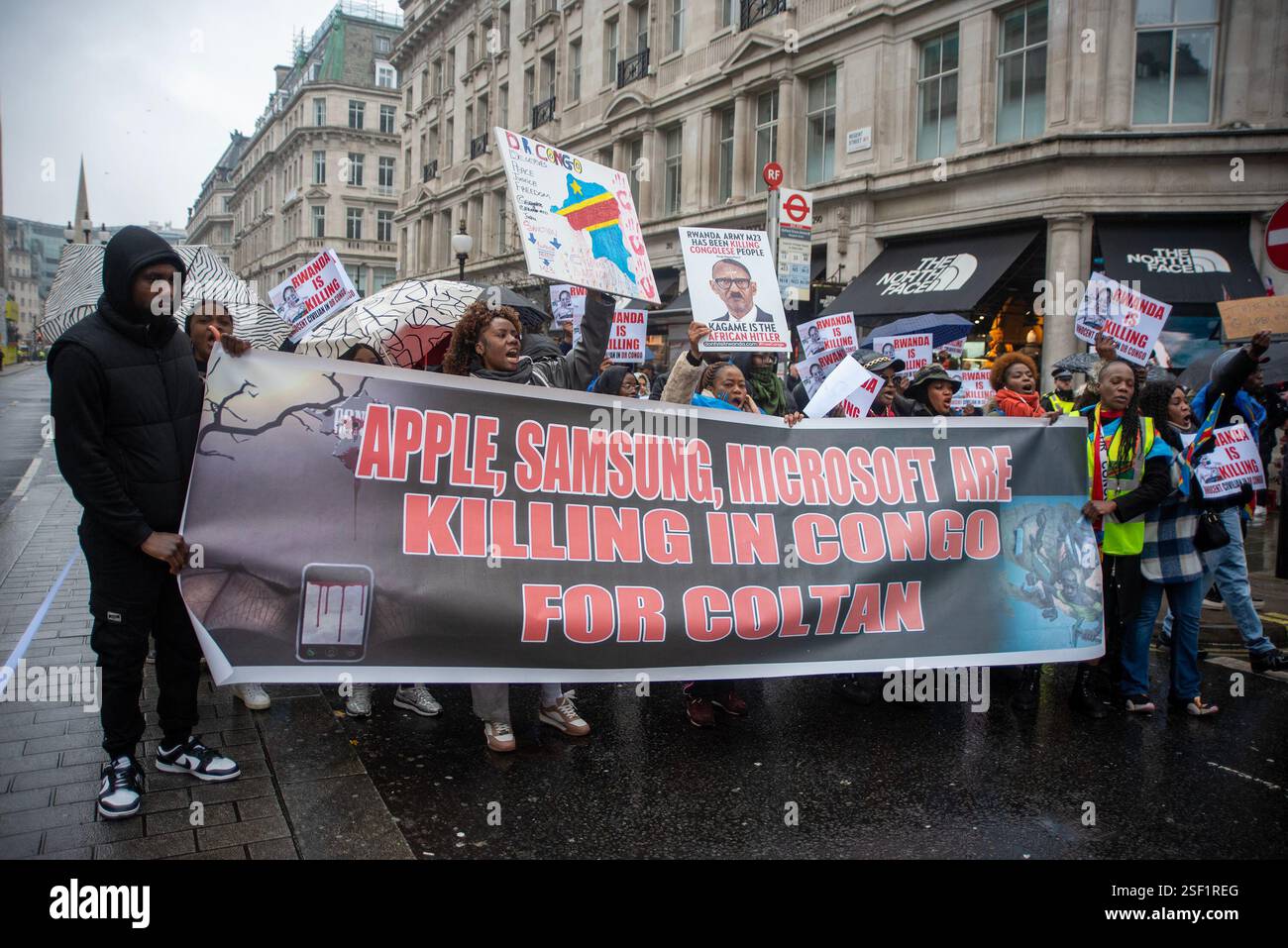 London, UK. 08th Feb, 2025. Protesters hold placards, flags, banner and ...