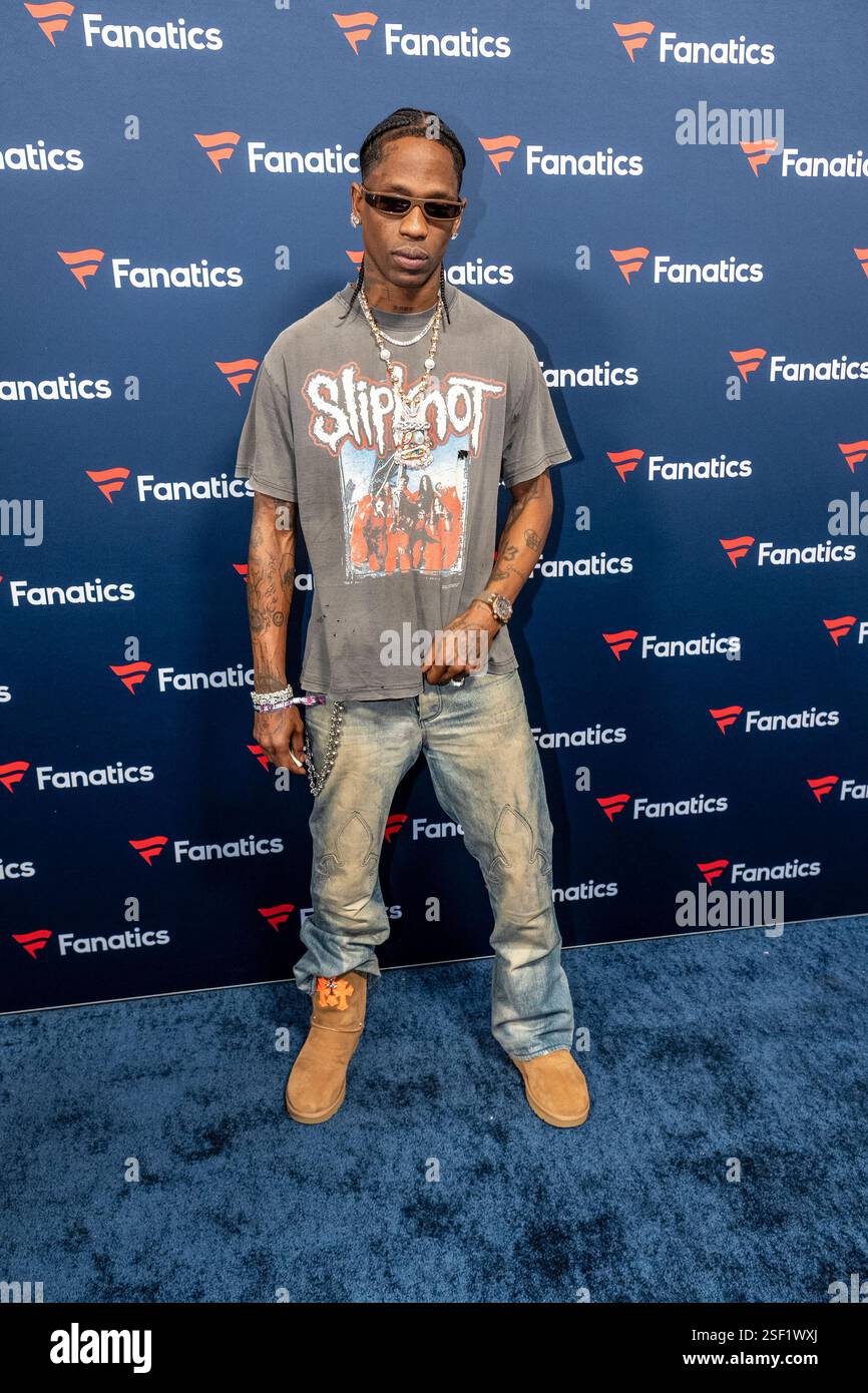 Travis Scott attends Michael Rubin's Fanatics Super Bowl party on ...