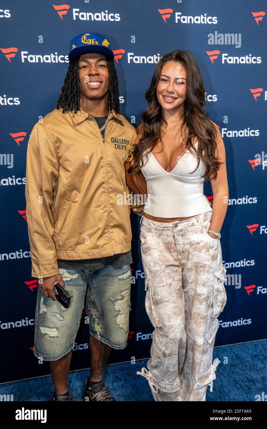 Jahmyr Gibbs, left, and Nicole Anderson attend Michael Rubin's Fanatics Super Bowl party on ...