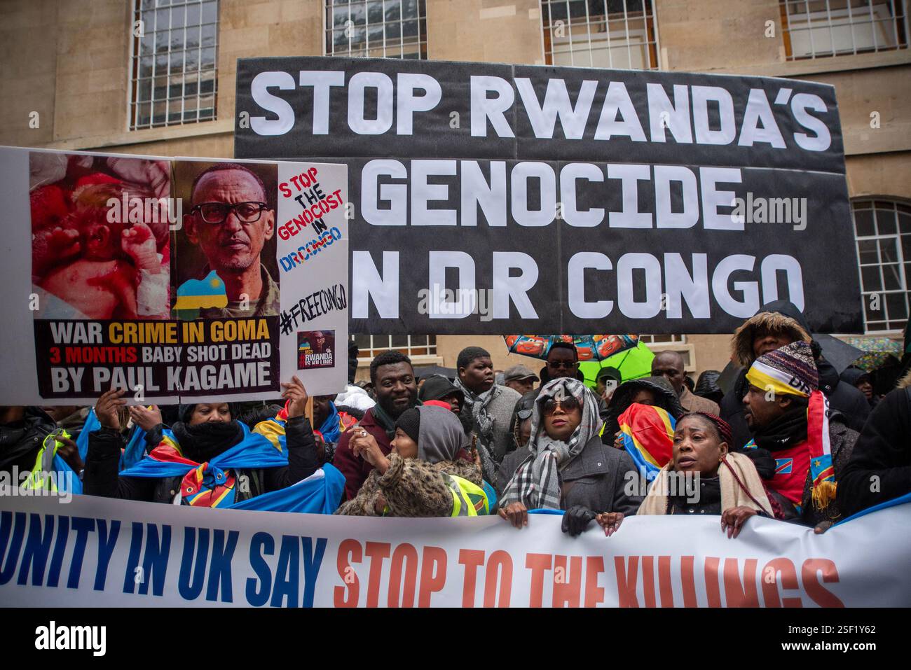 London, UK. 08th Feb, 2025. Protesters hold placards and banner during ...