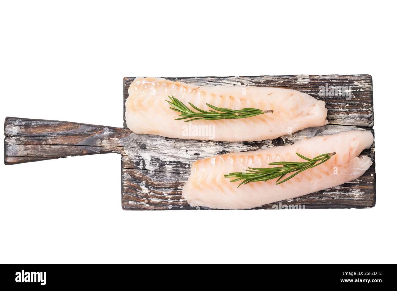 Raw cod Loin, white fish fillets without skin on wooden board isolated ...