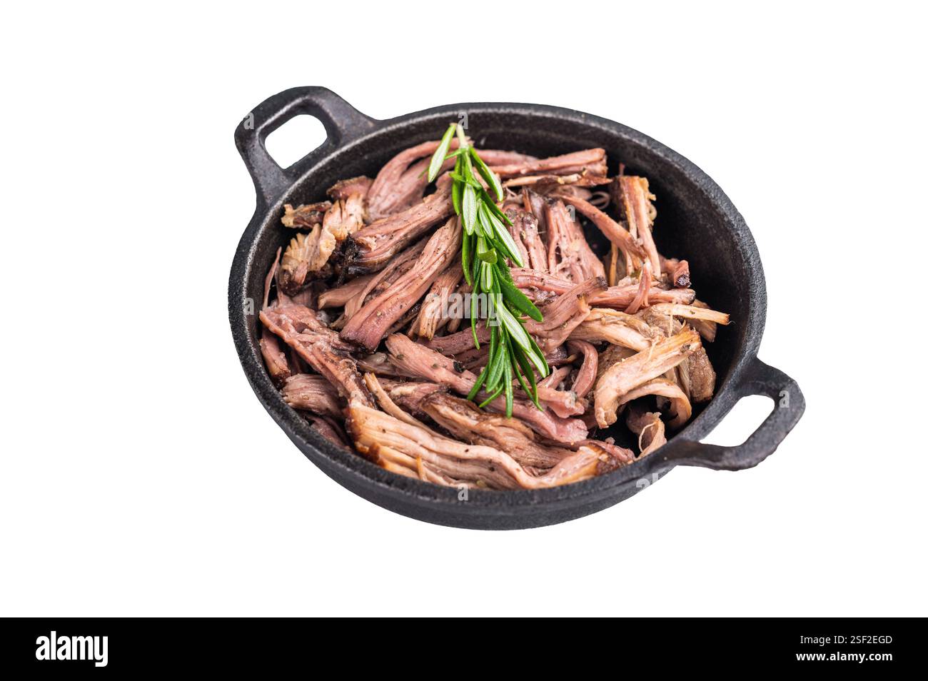 Savory pulled beef brisket served in a skillet, dipping creating an ...