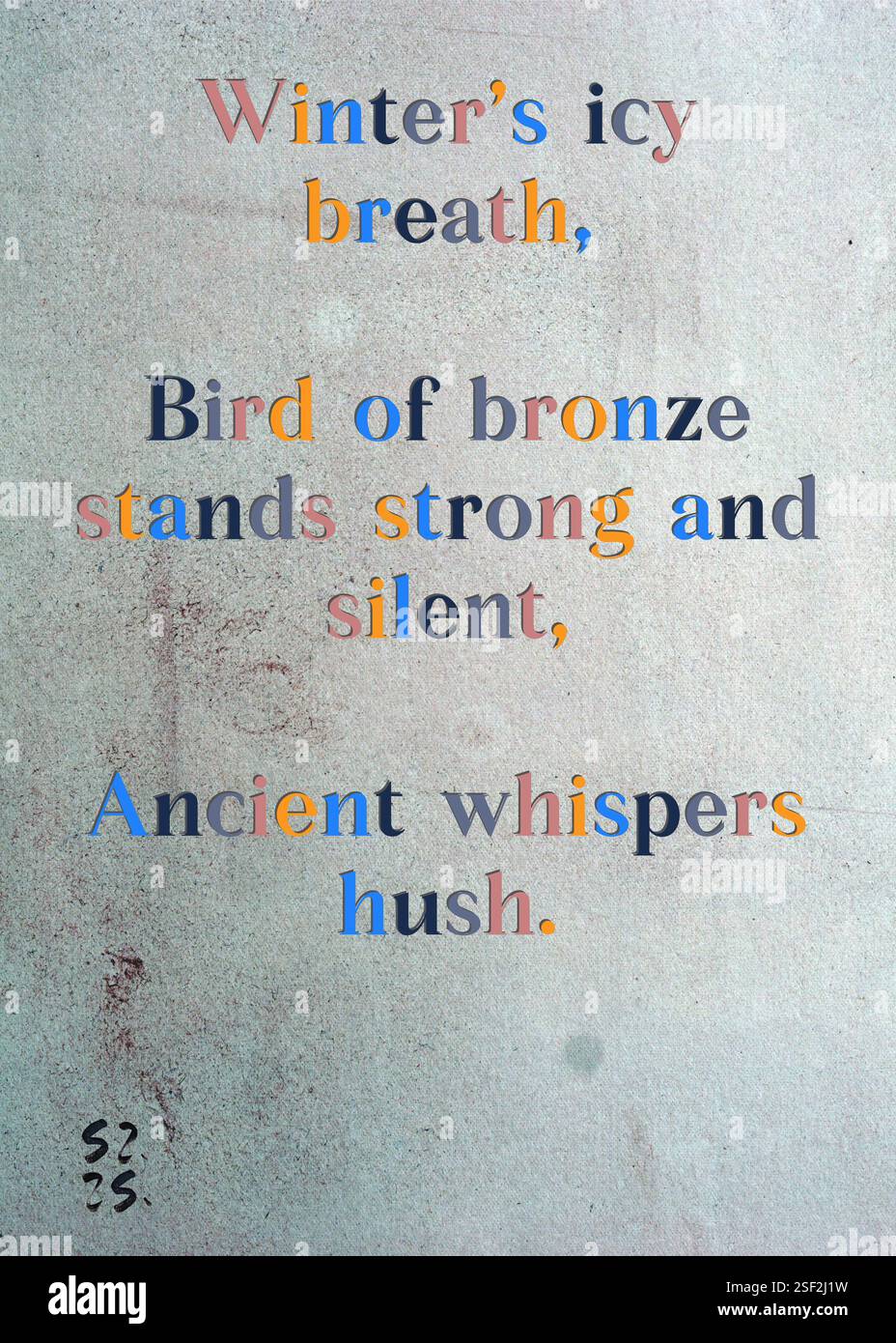 Winter's icy breath, Bird of bronze stands strong and silent, Ancient ...
