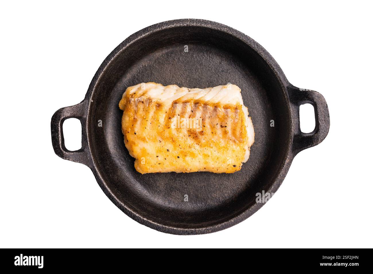 Roasted cod fish loin fiilet in skillet isolated on white background ...