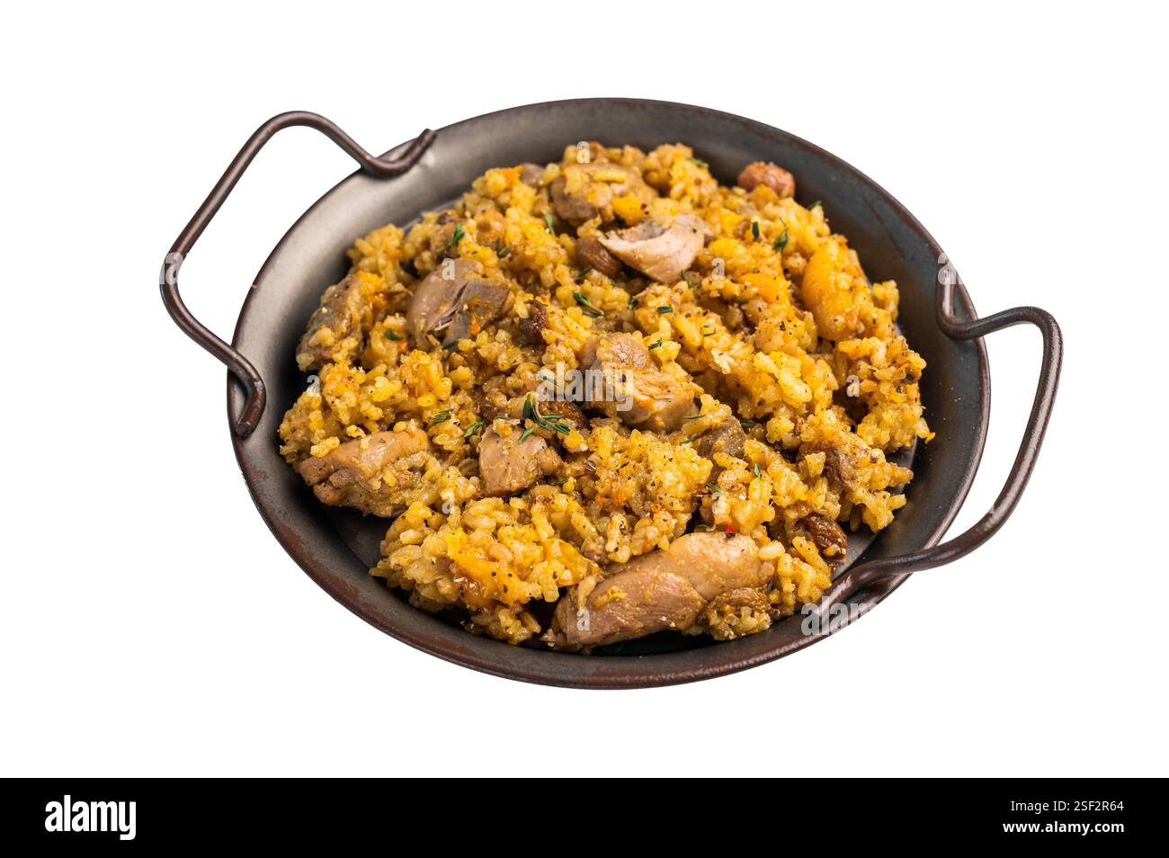 Serbian rice with beef meat, vegetables in a plate isolated on white ...