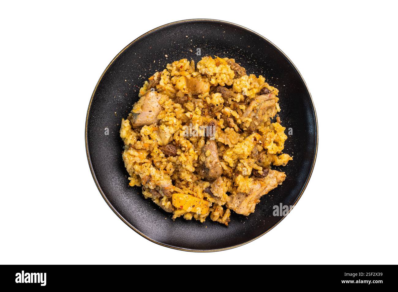 Serbian rice with beef meat, vegetables in a plate isolated on white ...