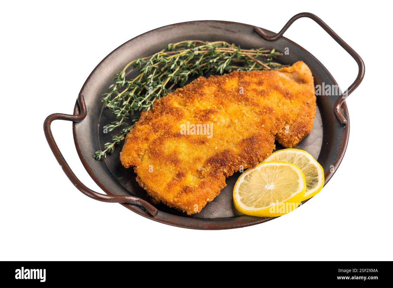 German weiner pork schnitzel steak, fried meat isolated on white ...