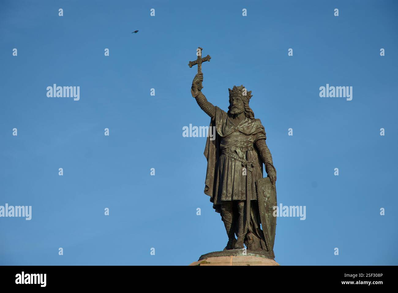 close-up view of the bronze statue of Don Pelayo, the first monarch of ...