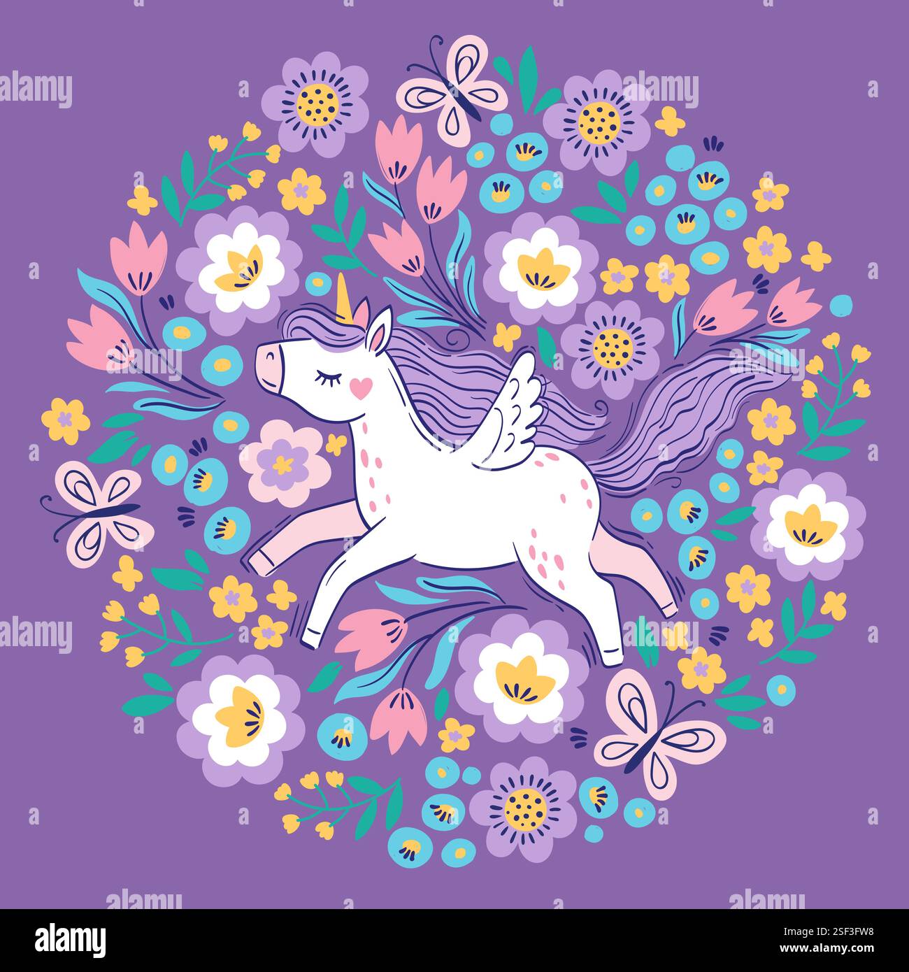 Hand drawn vector round frame. Cute unicorn among fantasy flowers ...