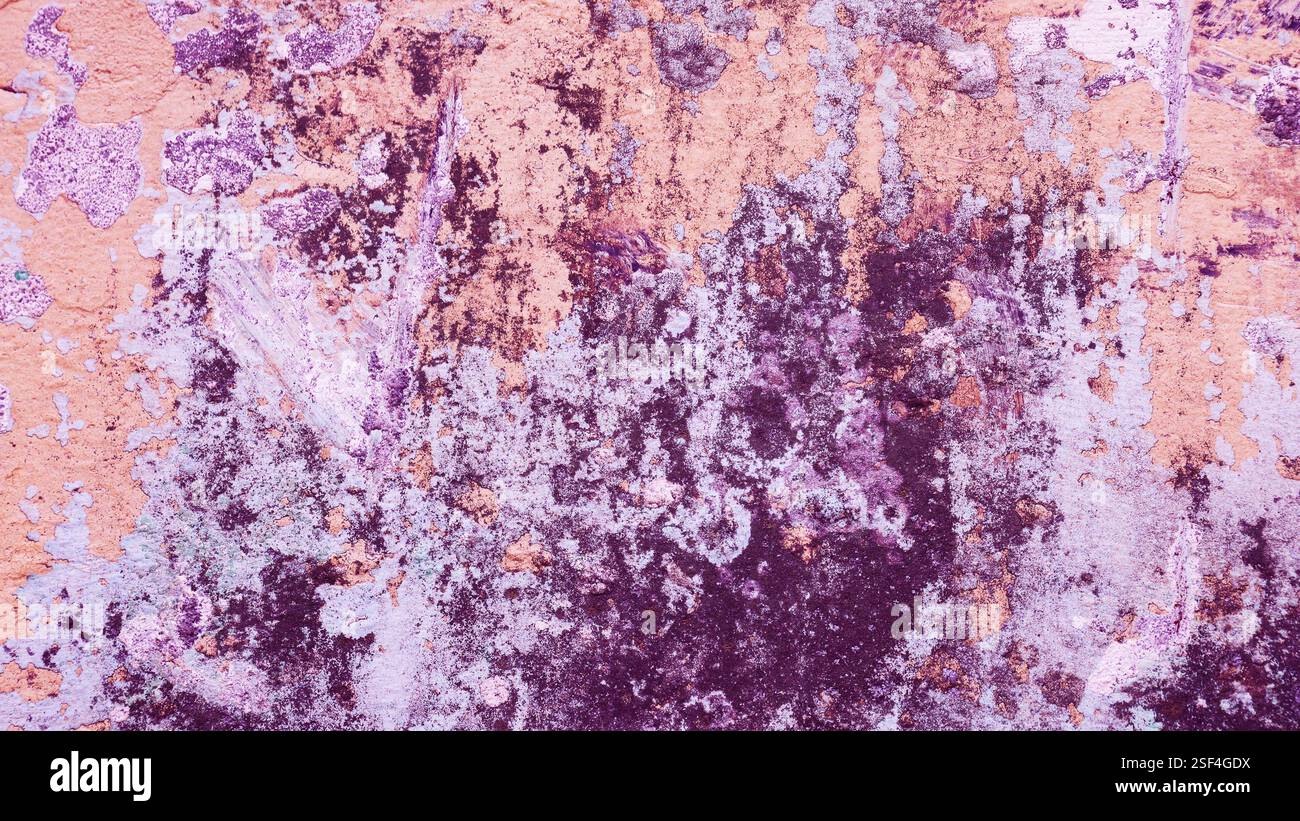 Wall with damaged pale red paint with traces of mold, damage, and ...