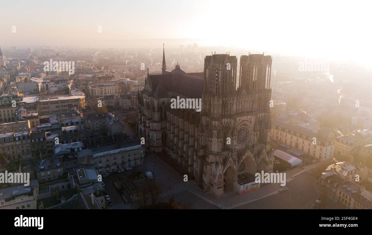 Aerial view of the majestic Reims Cathedral in France, illuminated by ...