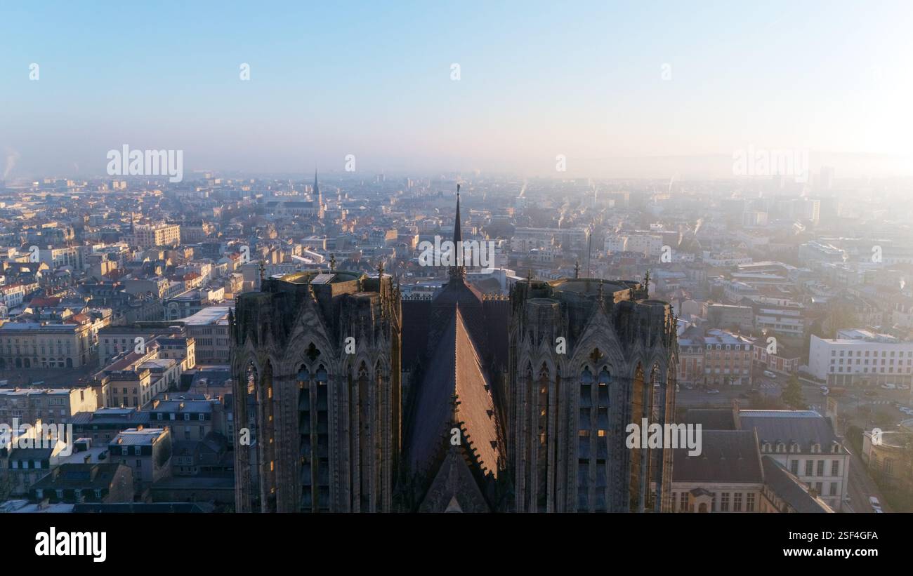 Aerial view of the twin towers of Reims Cathedral in France, rising ...