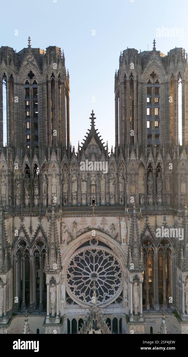 Close-up of Reims Cathedral's facade, highlighting its twin Gothic ...