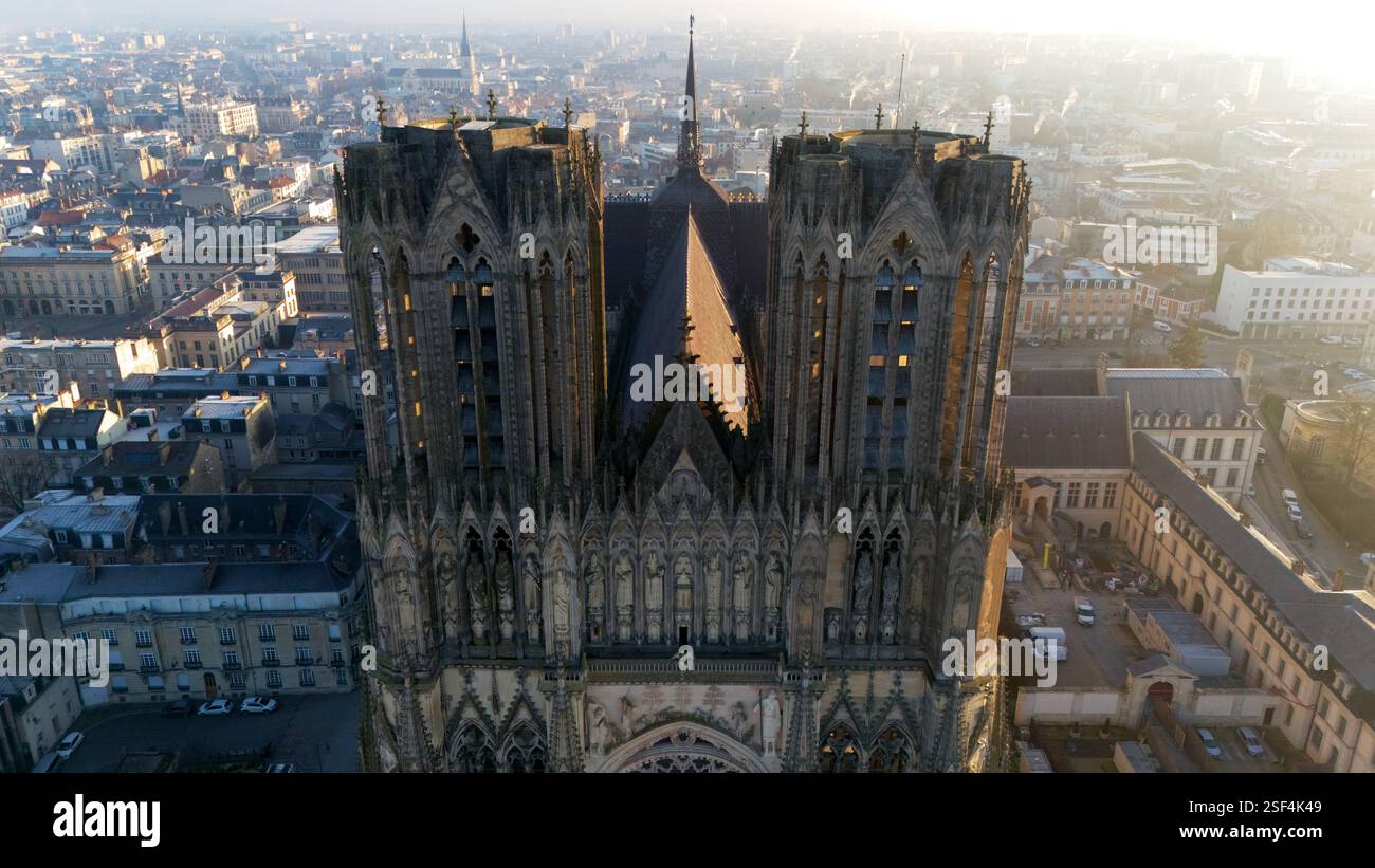 Aerial close-up of Reims Cathedral in France, highlighting the ...