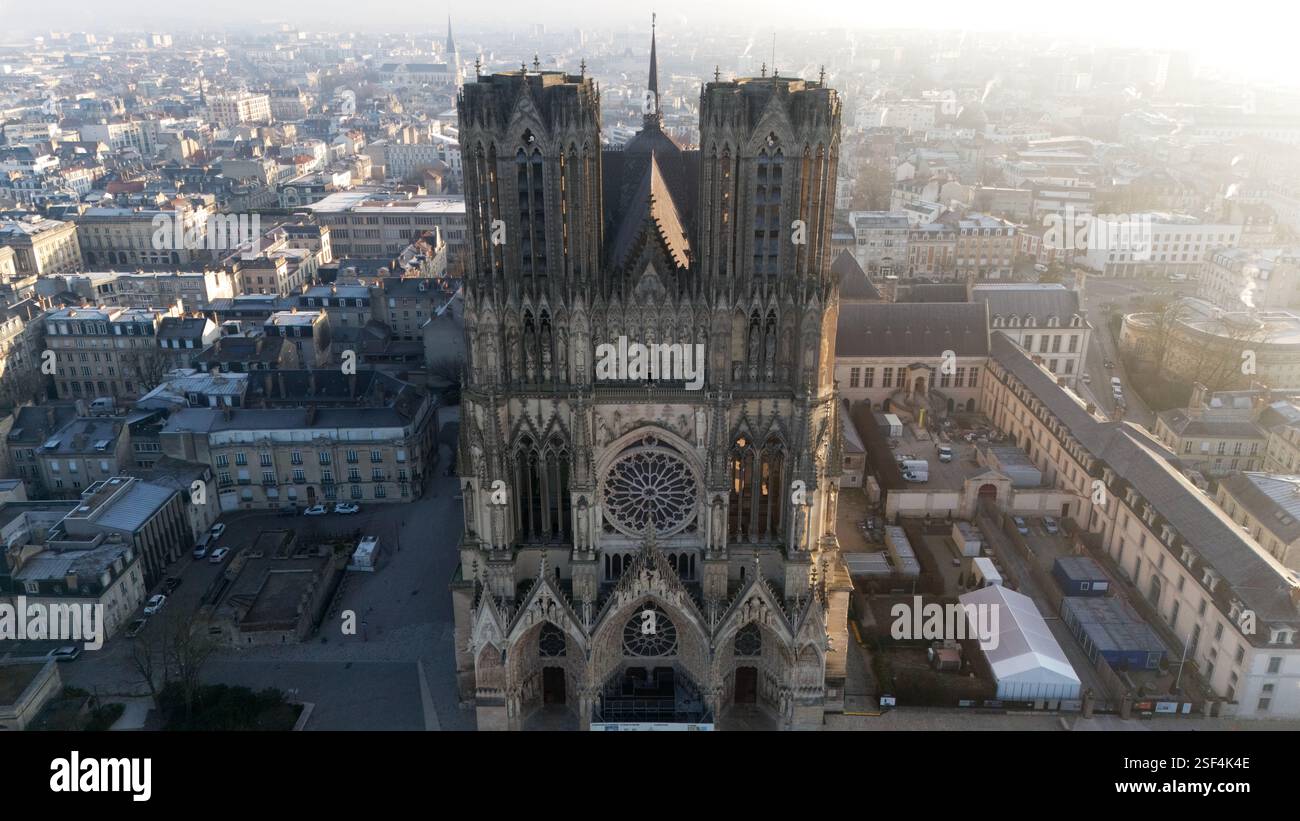 Aerial view of the front facade of Reims Cathedral in France. The ...
