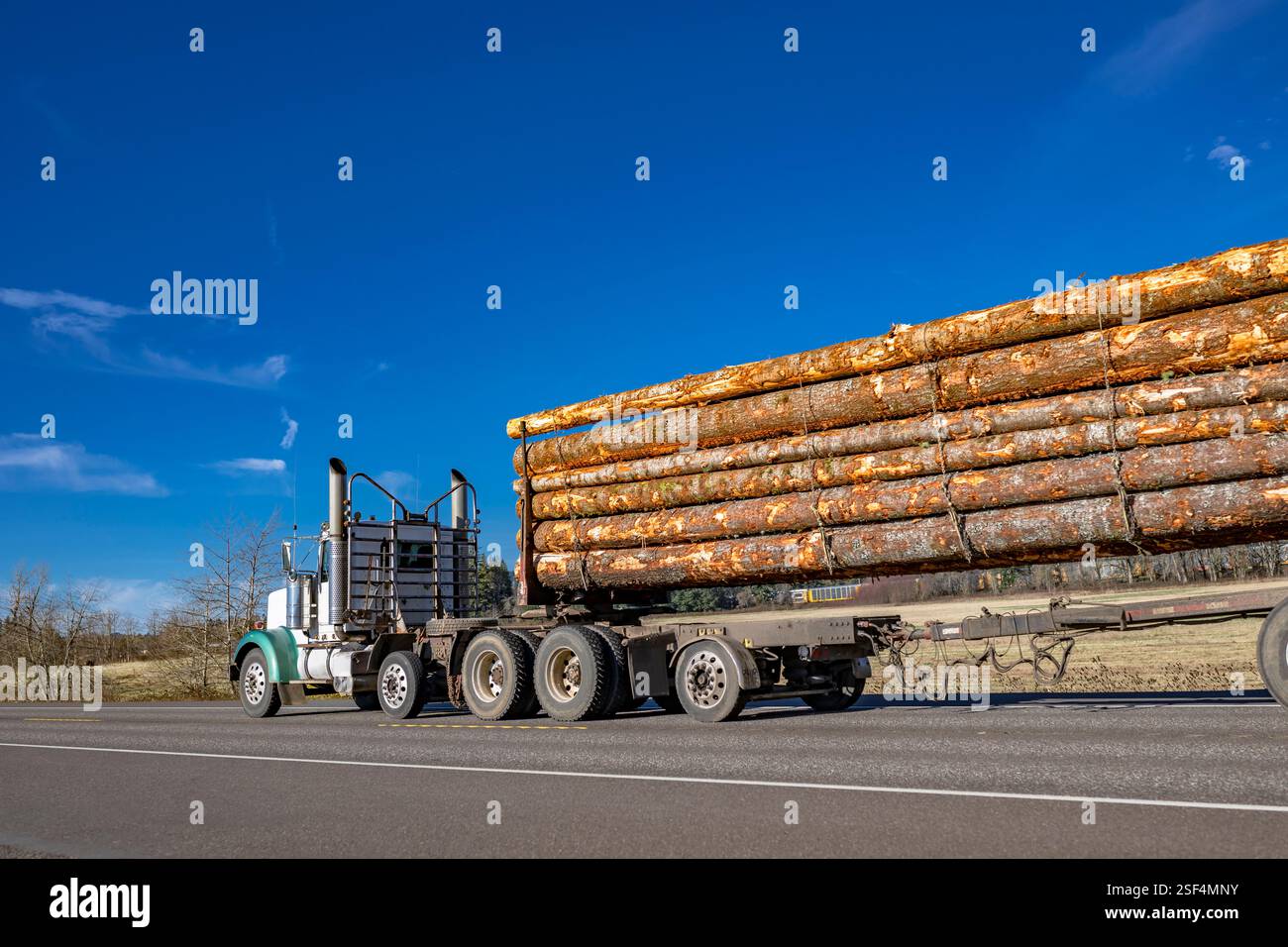 Industrial powerful mud-spattered day cab white big rig semi truck with ...