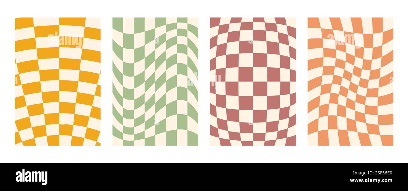 Groovy distorted checkered background set. Hand drawn groovy, hippie ...