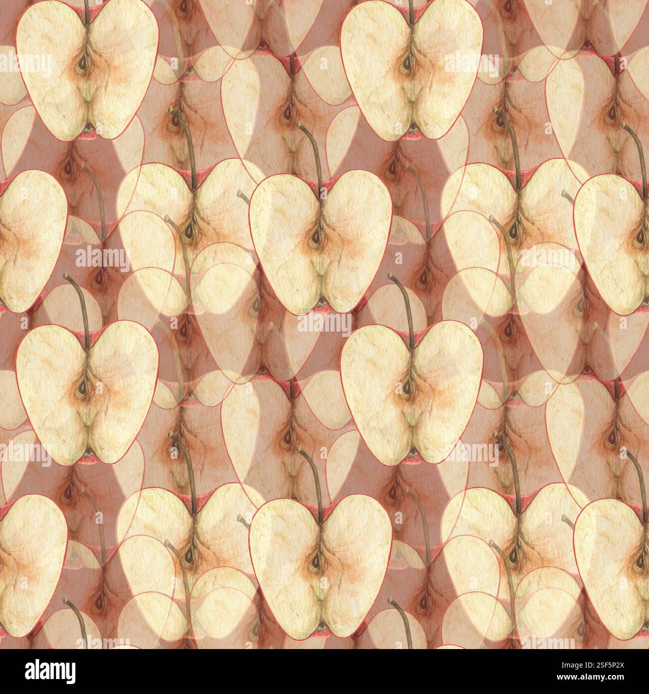 Seamless watercolor pattern with overlapping apple halves on a deep red ...