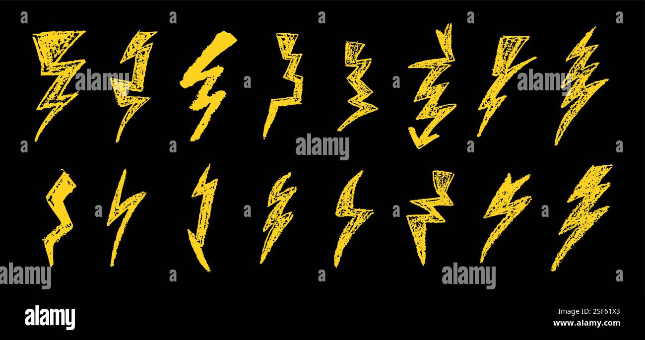Set of lightning by wax pencil drawing. Collection of handdrawing chalk ...