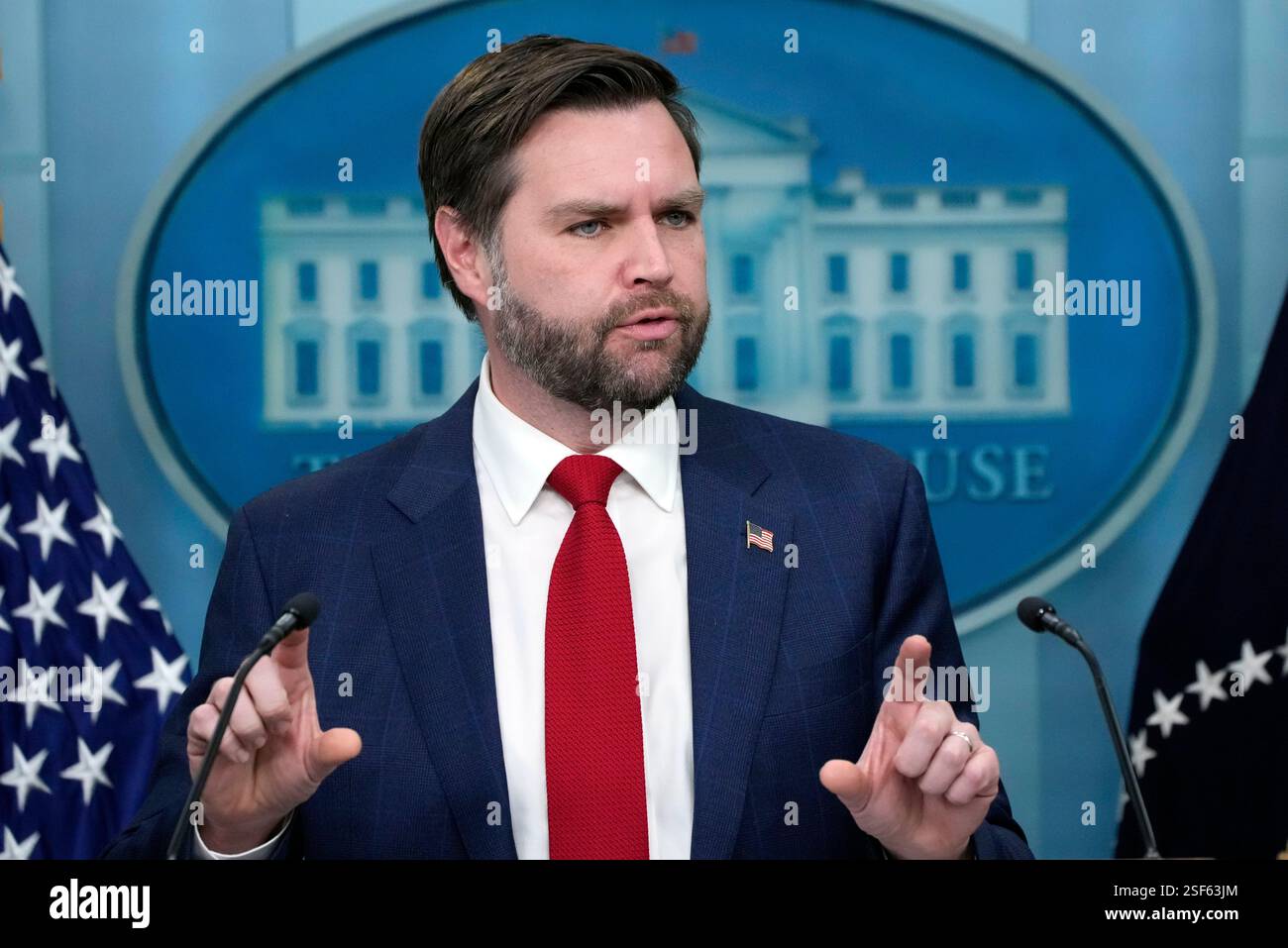 FILE - Vice President JD Vance speaks in the James Brady Press Briefing ...