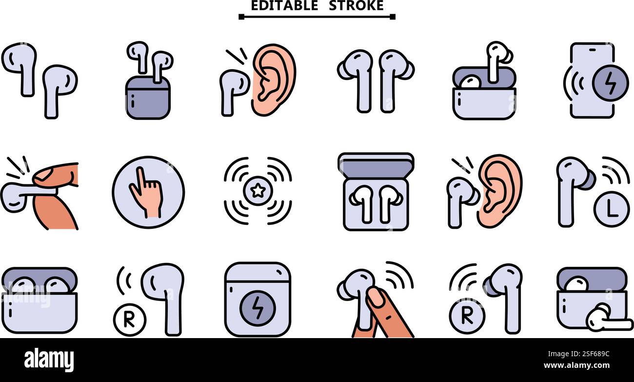 Wireless earbud color icons set. Editable stroke. Vector flat icon for ...