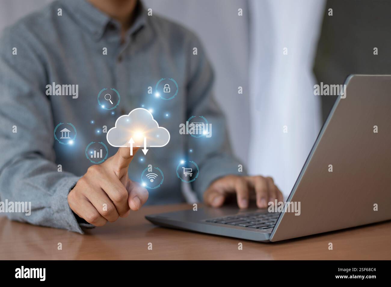 cloud computing shown in hand cloud technology data storage, data transfer, network and internet ...