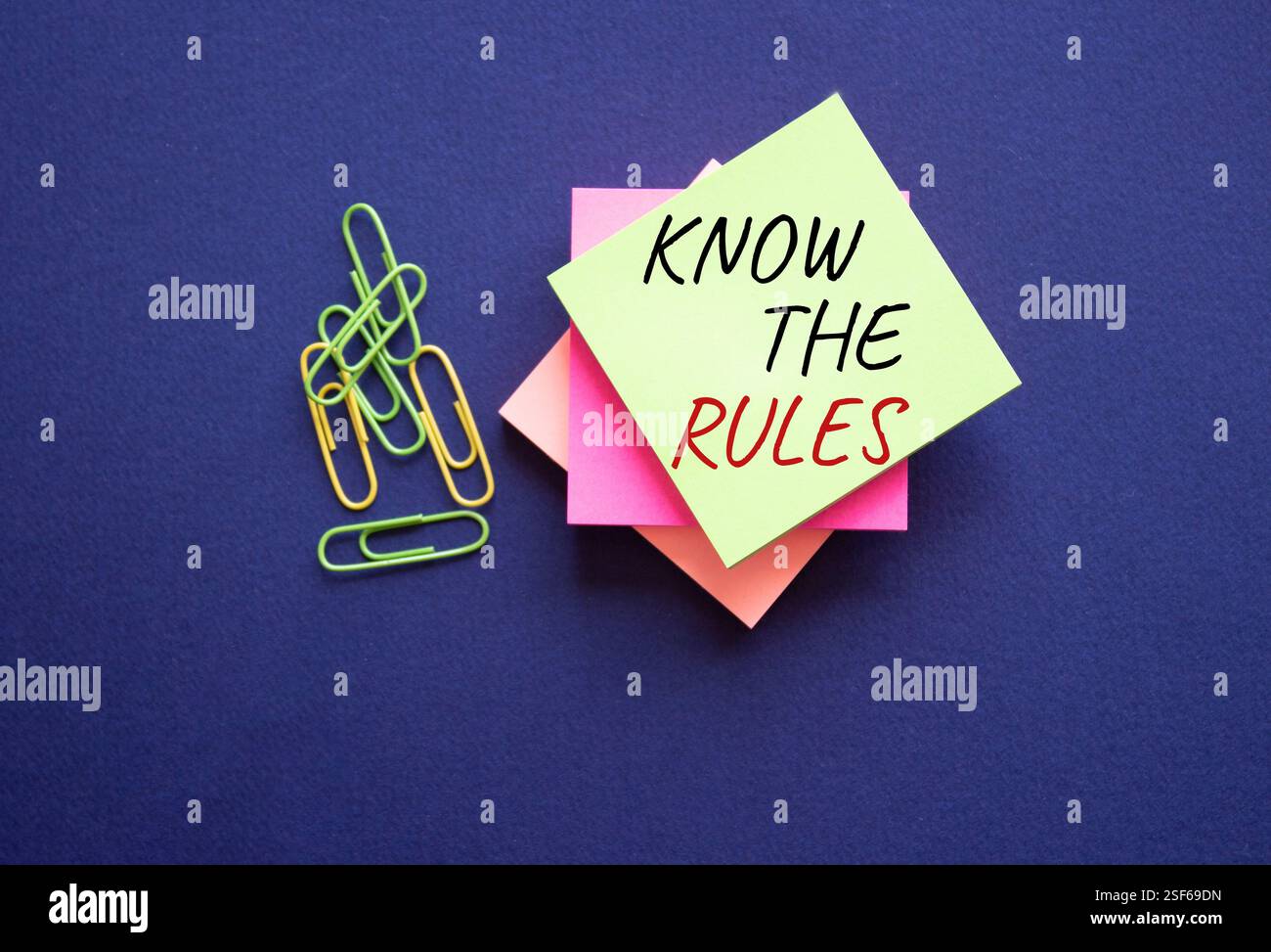 Know the rules symbol. Yellow steaky note with paper clips with words ...