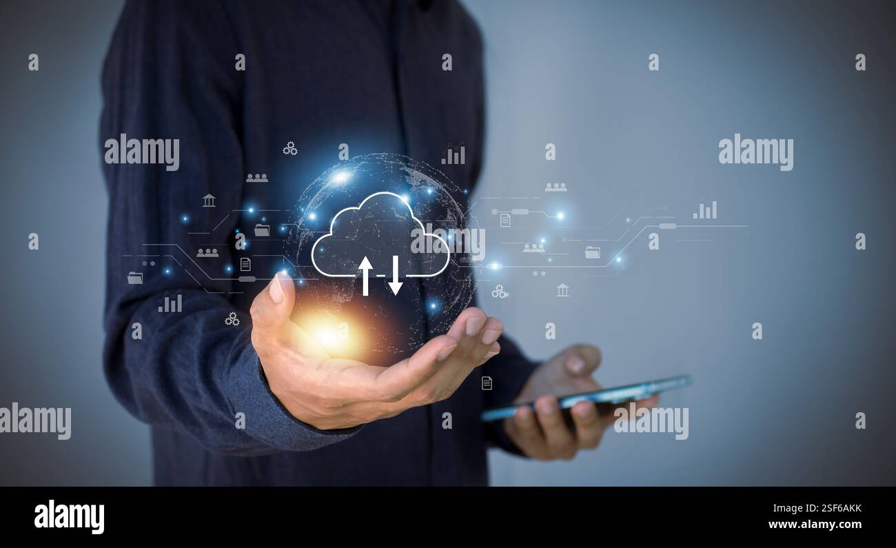 cloud computing shown in hand cloud technology data storage, data transfer, network and internet ...