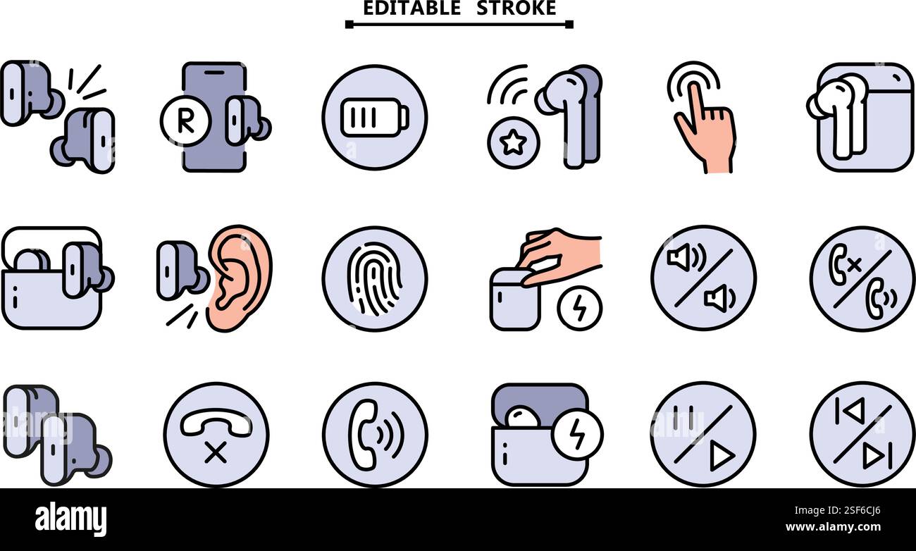 Wireless earbud color icons set. Editable stroke. Vector simple icon ...