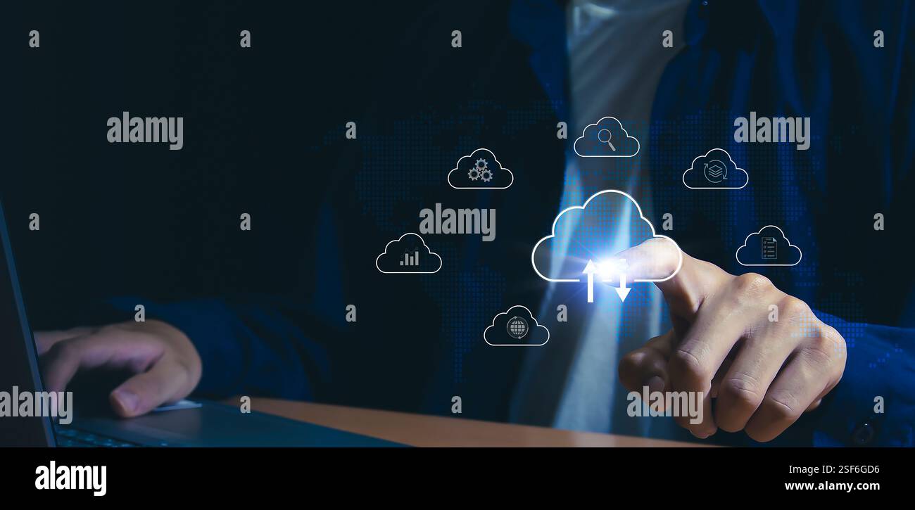 cloud computing shown in hand cloud technology data storage, data transfer, network and internet ...