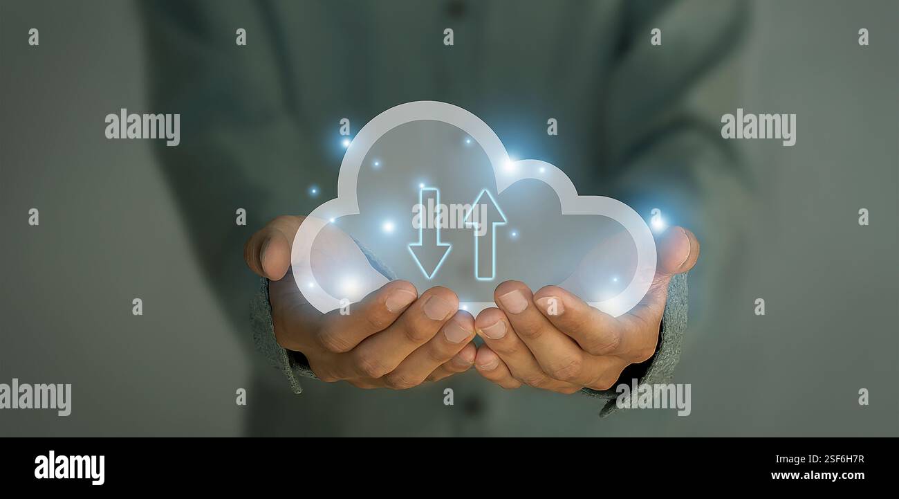 cloud computing shown in hand cloud technology data storage, data transfer, network and internet ...