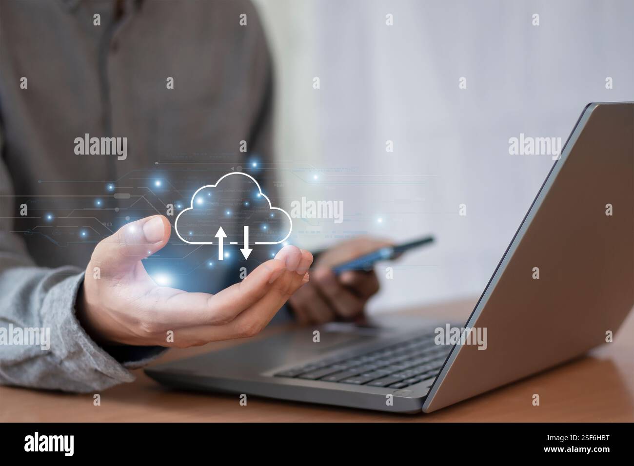 cloud computing shown in hand cloud technology data storage, data transfer, network and internet ...