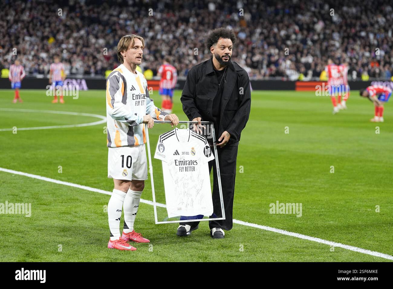 Marcelo Vieira receives tribute with Luka Modric during the Spanish ...