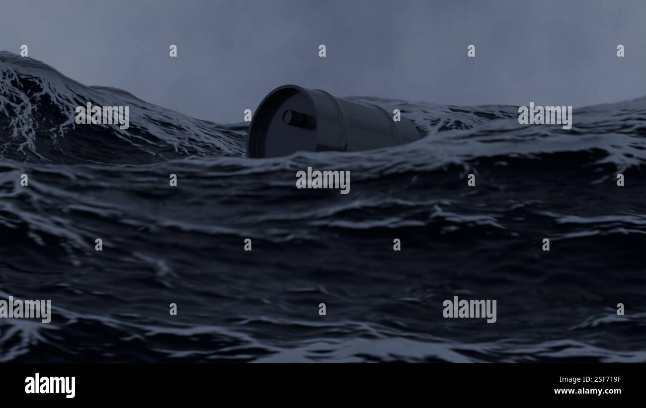3D model of an oil barrel on the waves in the sea, ecological disaster ...