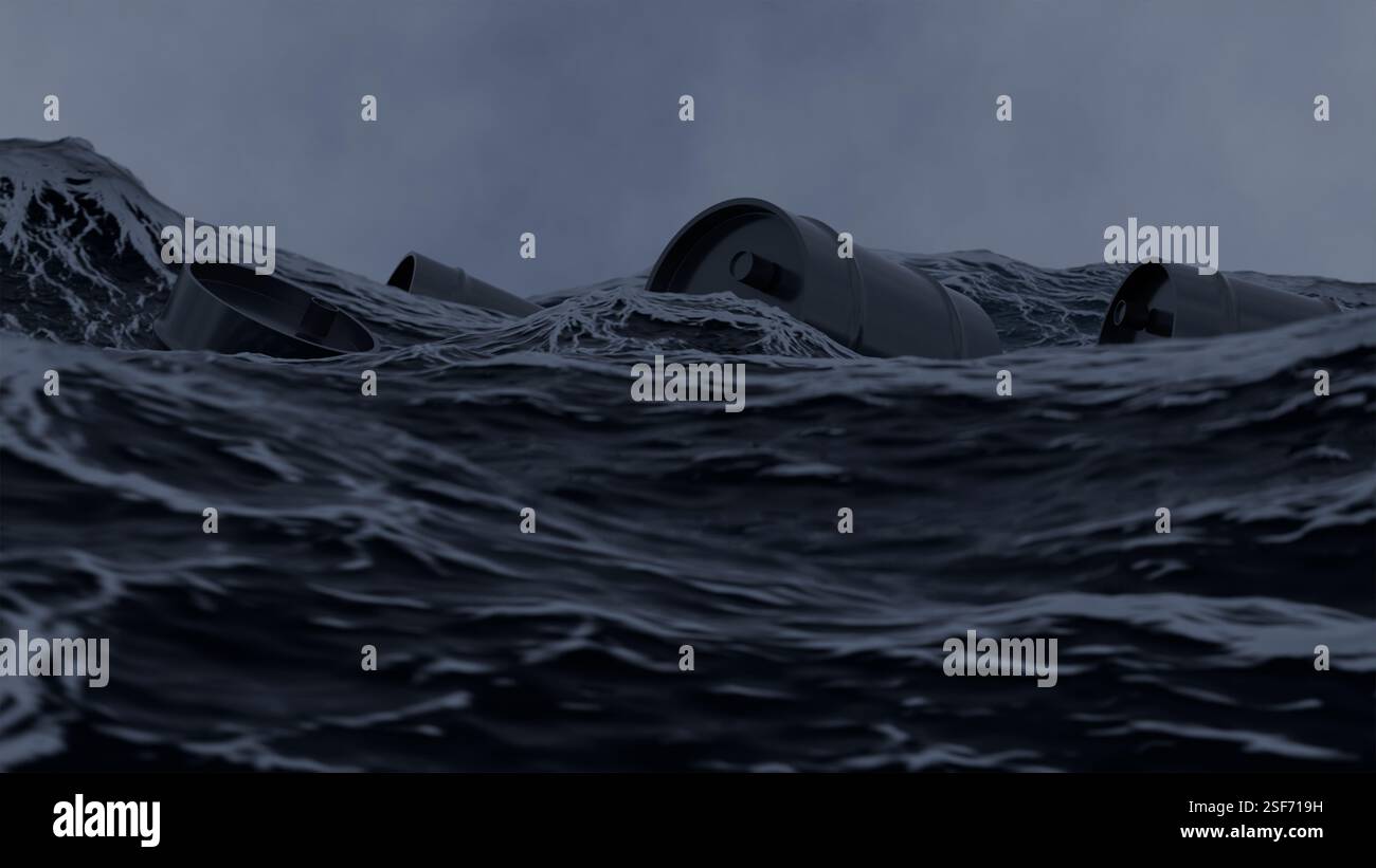 3D model of oil barrels on the waves in the sea, environmental disaster ...