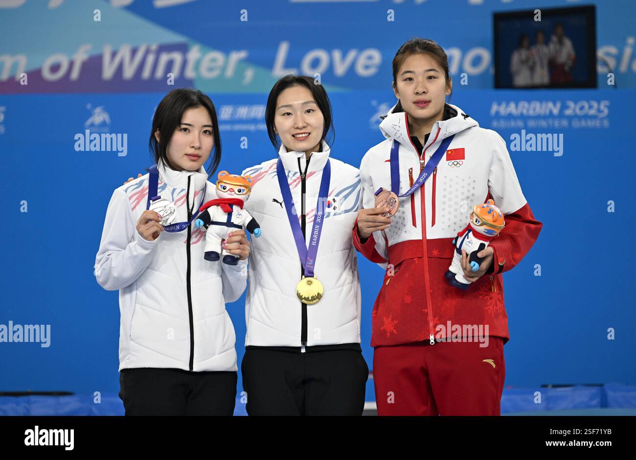 Harbin, China's Heilongjiang Province. 9th Feb, 2025. Gold medalists Choi Minjeong (C) of South ...