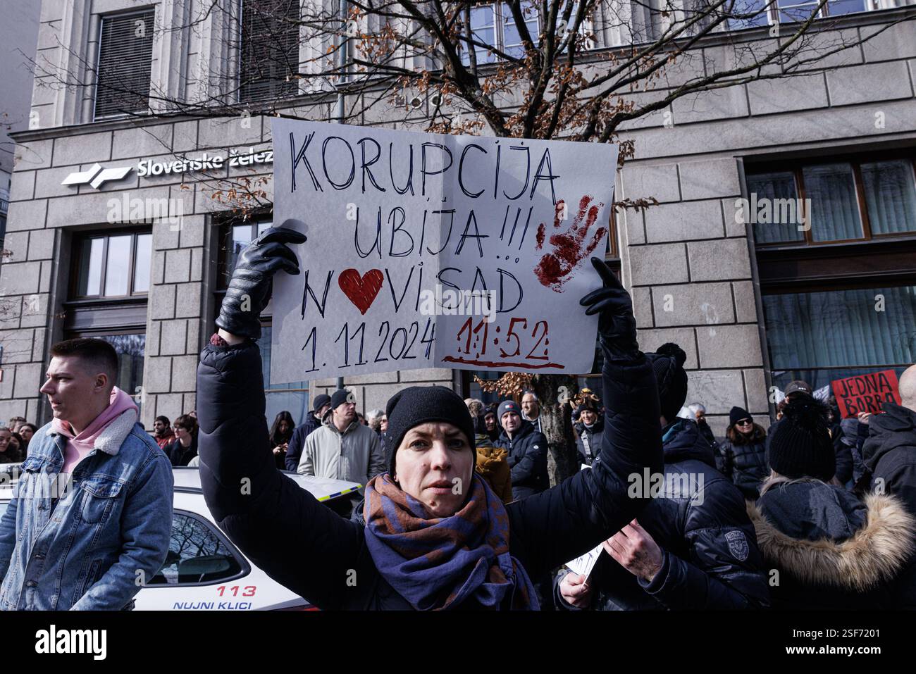 Ljubljana, Slovenia. 08th Feb, 2025. A protester holds a placard that ...