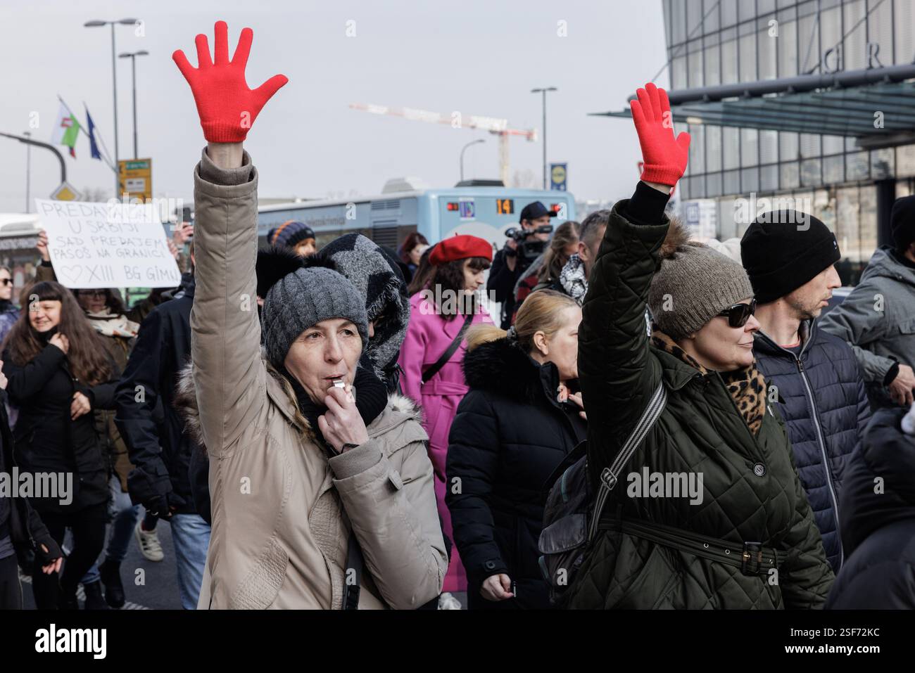Ljubljana, Slovenia. 08th Feb, 2025. Protesters raise their red-gloved ...