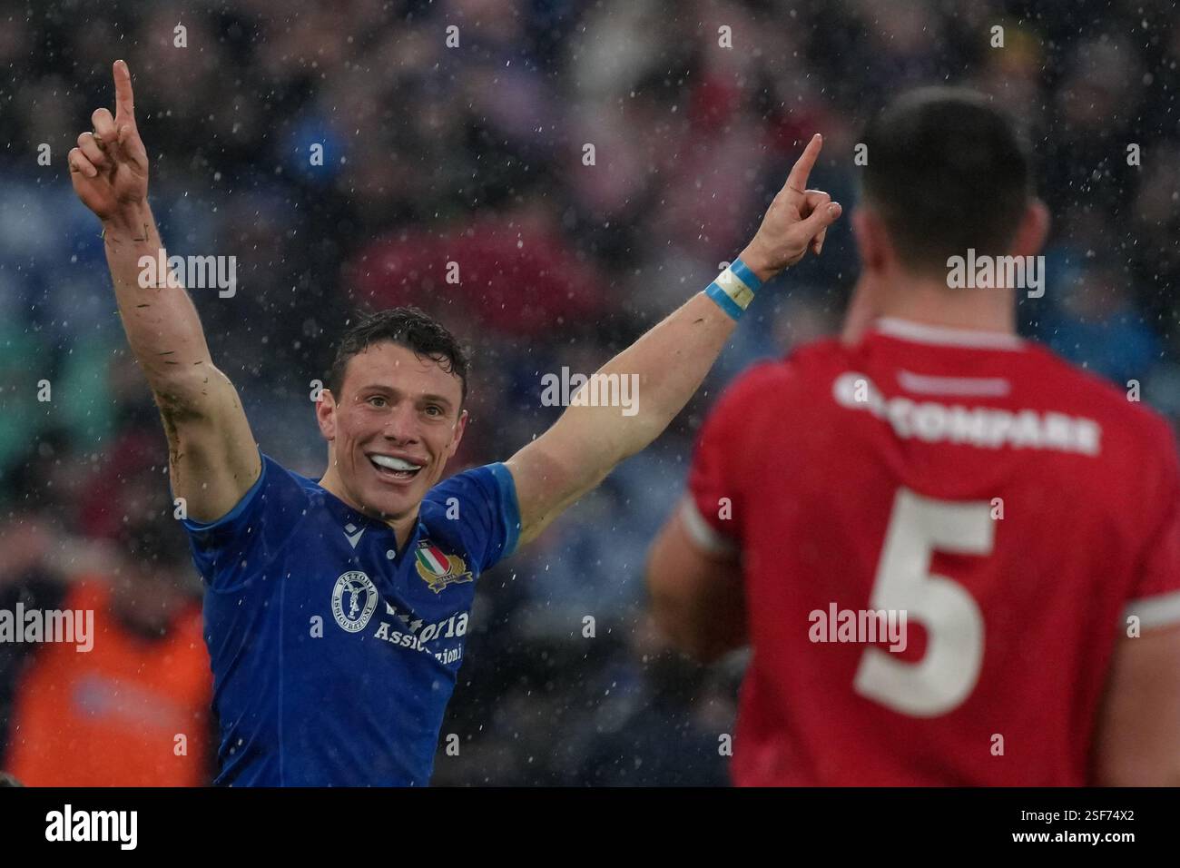 Paolo Garbisi of Italy celebrates at the end of the Six Nations rugby ...