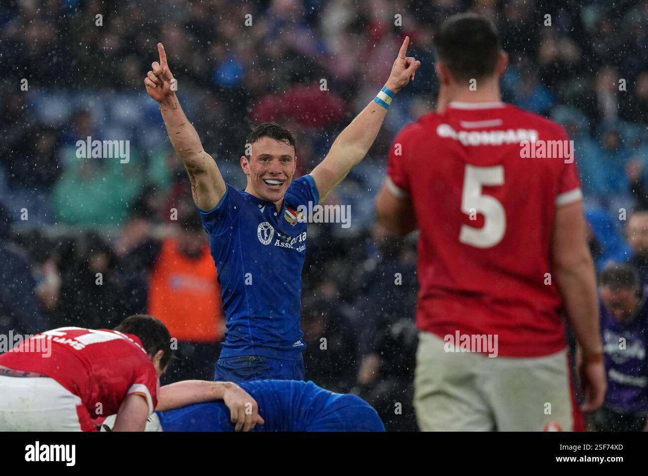Paolo Garbisi of Italy celebrates at the end of the Six Nations rugby ...