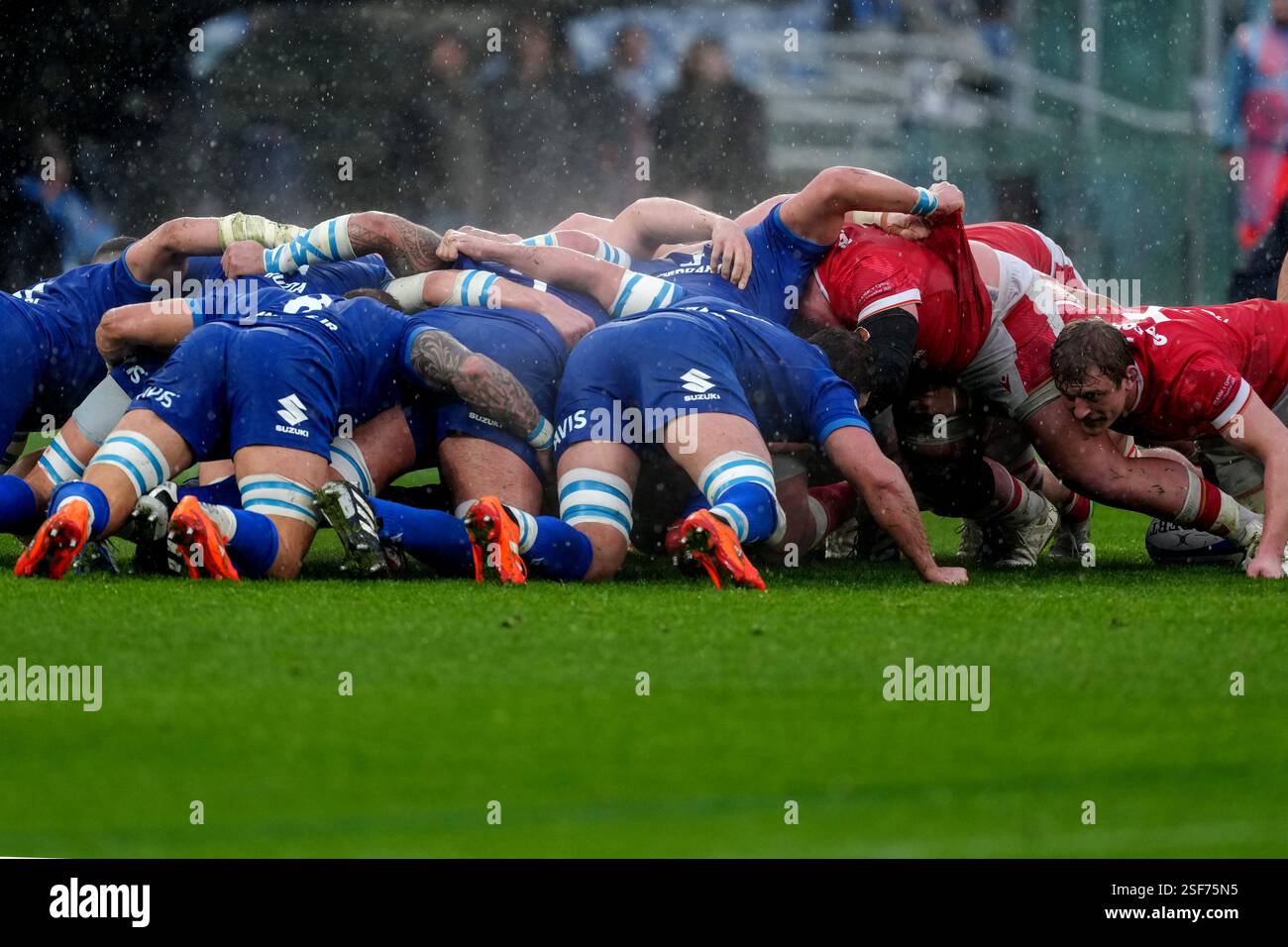 Scrum during the Six Nations rugby match between Italy and Wales at ...