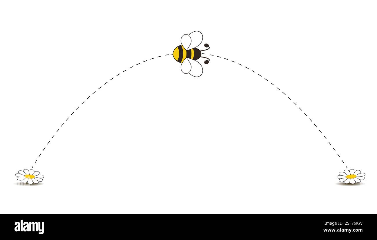 The dotted route of a bee's flight from flower to flower. Vector ...