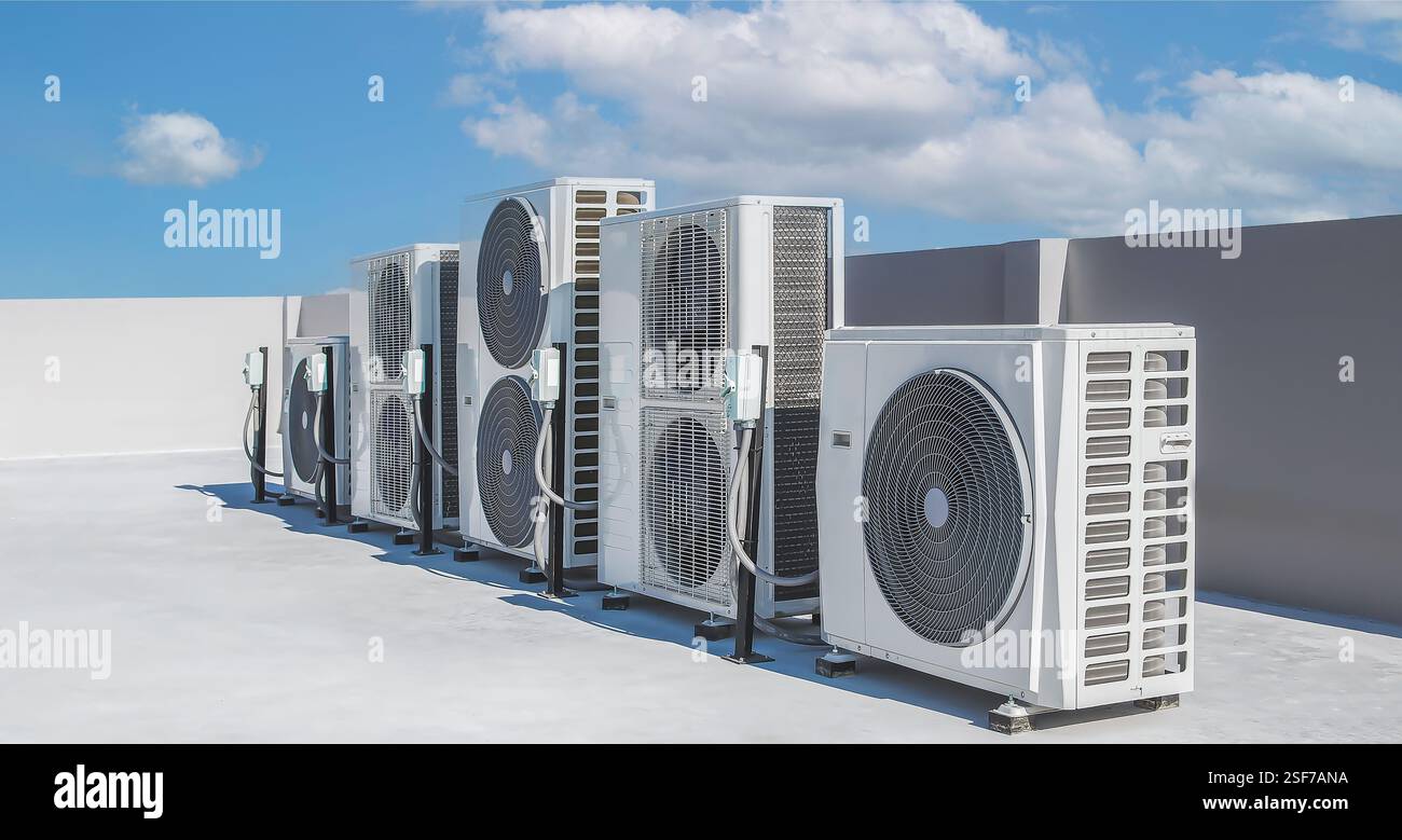 Air conditioning (HVAC) installed on the roof of industrial buildings ...