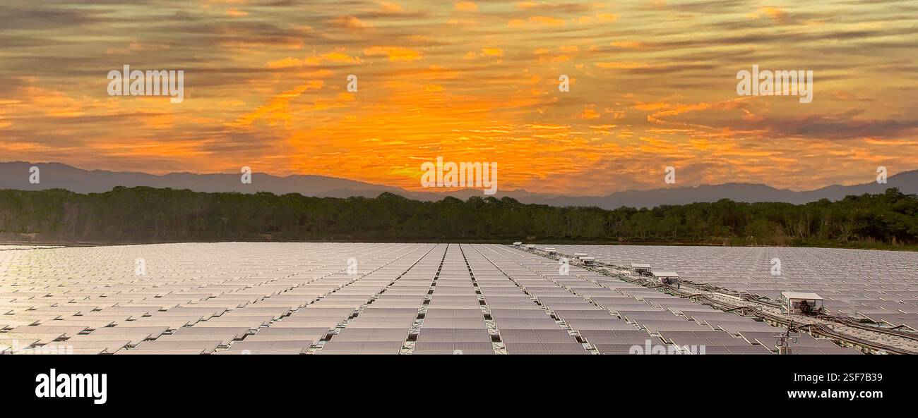 Solar floating on water, clean energy, contrasting with the sky, sun ...