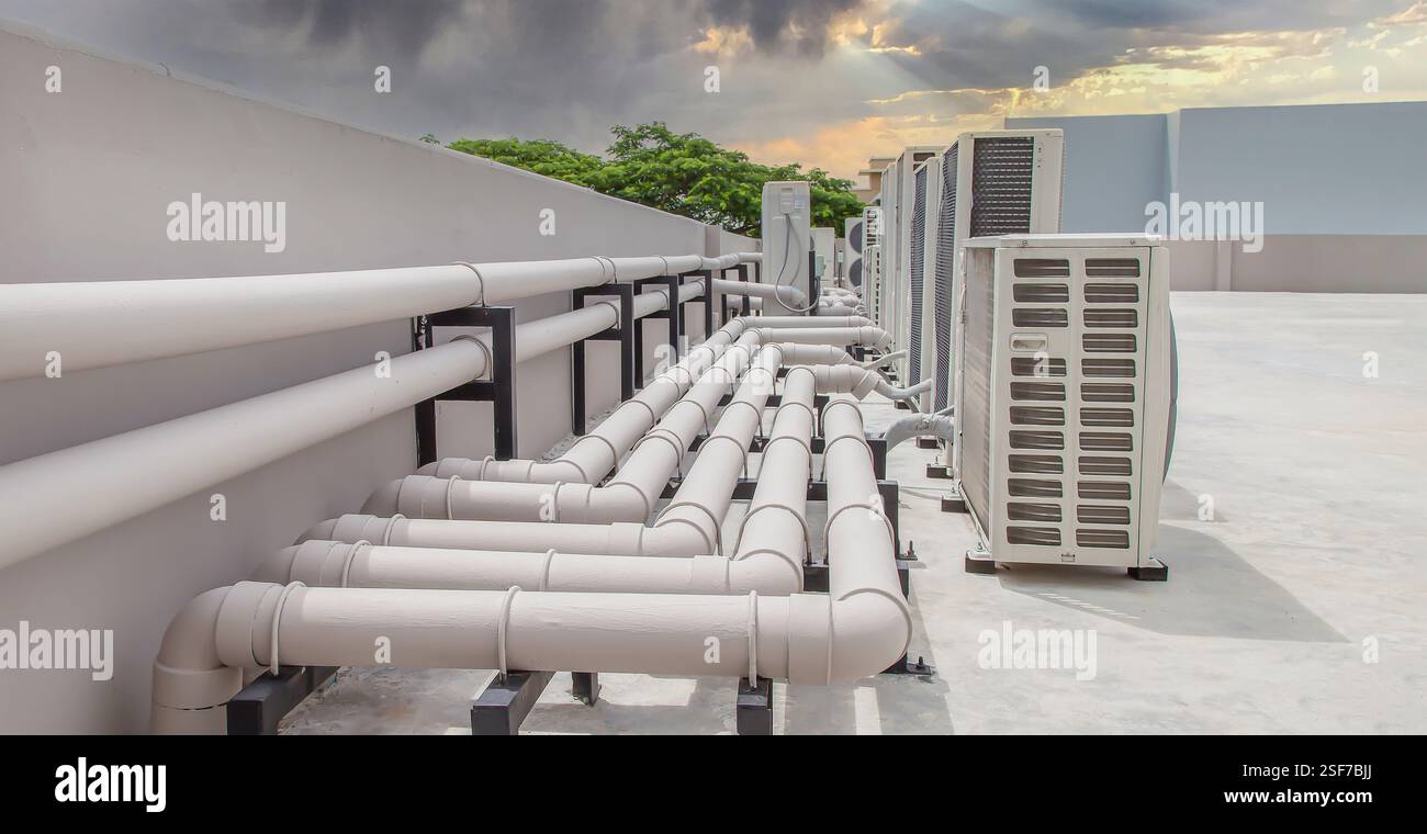 Air conditioning (HVAC) installed on the roof of industrial buildings ...